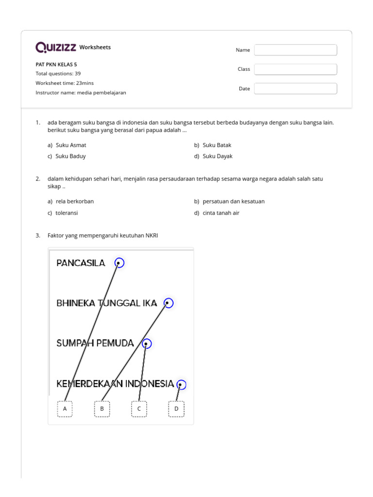 PAT PKN KELAS 5 - Quizizz | PDF
