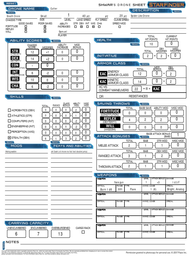 StarFinderDroneSheet Cutter | PDF | D20 System | Role Playing