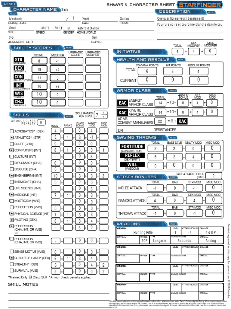 Star Finder Character Sheet Slade | PDF | Tabletop Games | Role Playing ...