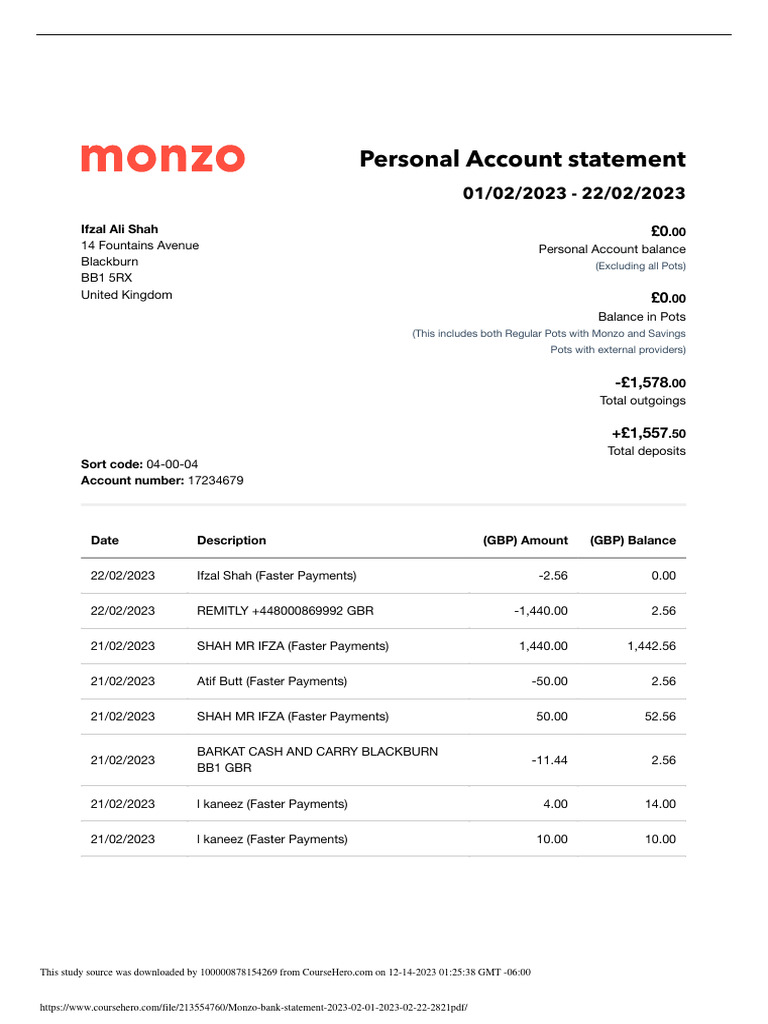 Monzo Bank Statement 2023 02 01 2023 02 22 2821 PDF | PDF | Service ...