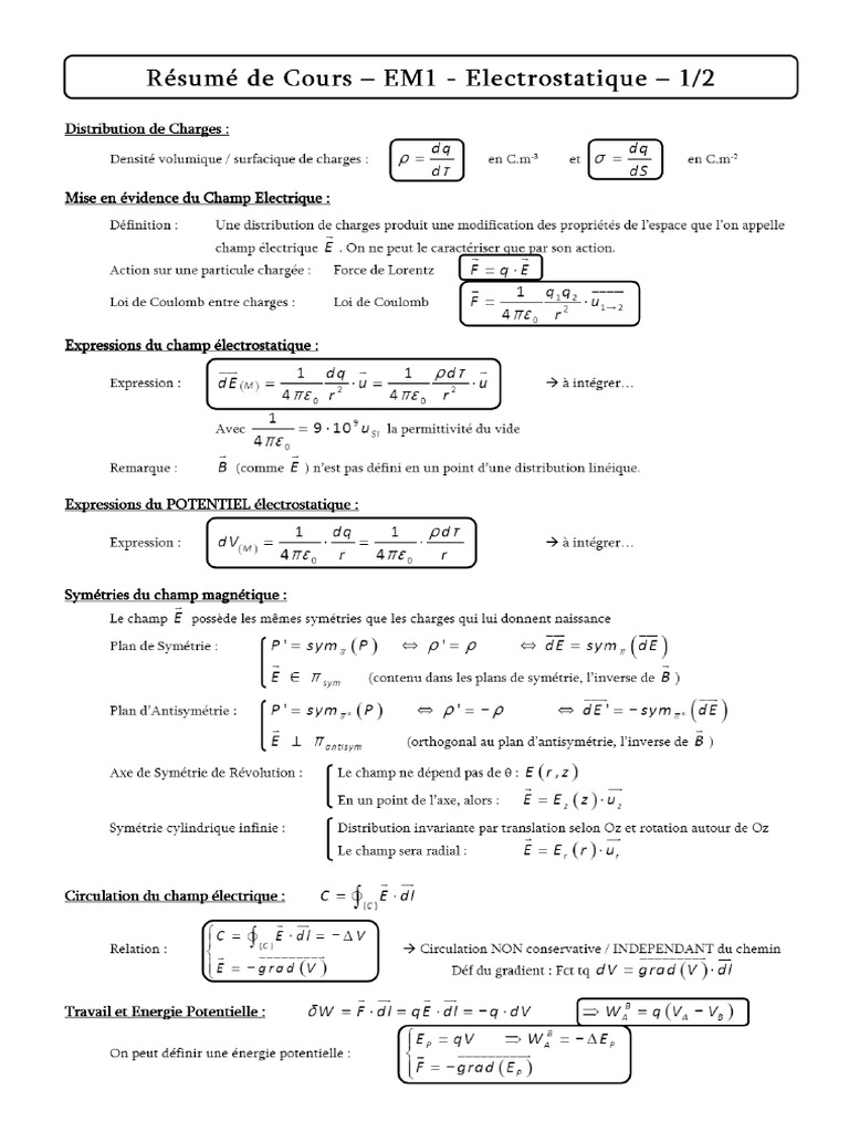 Résumé de Cours - EM1 - Electrostatique - MI | PDF