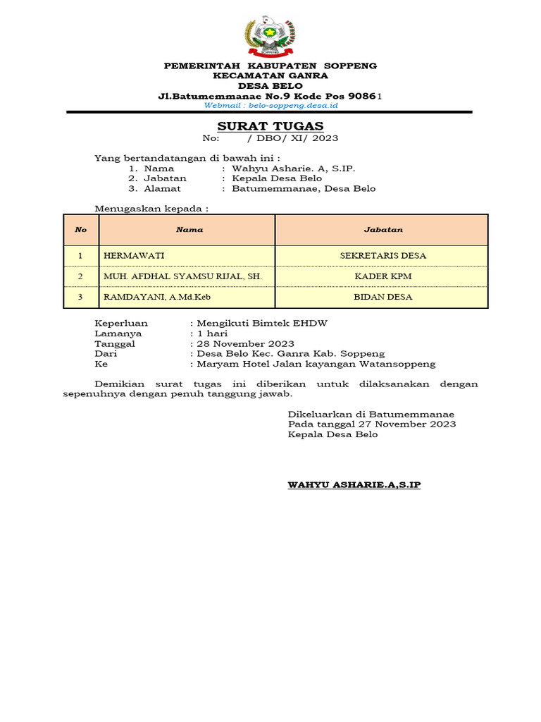 Surat Tugas Bimtek EHDW | PDF