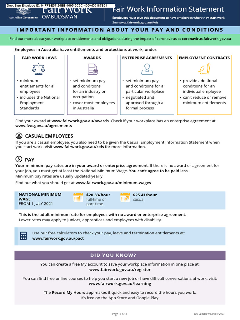 Fair Work Information Statement Guide | PDF | Employment | Minimum Wage