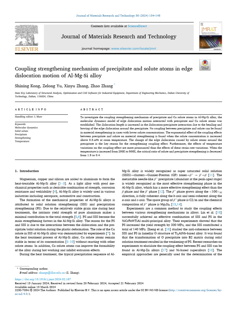 Coupling Strengthening Mechanism of Precipitate and Solute Atoms in Edge | PDF | Dislocation | Alloy