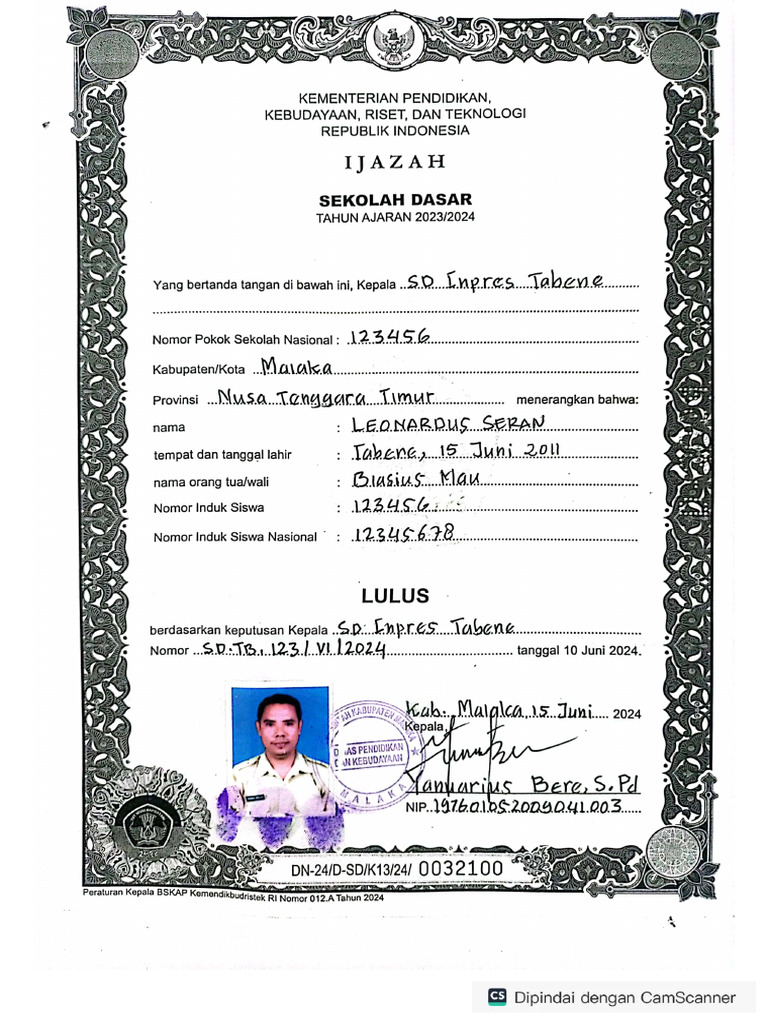 CTH Penulisan Ijazah SD 2024 Hal. Depan | PDF