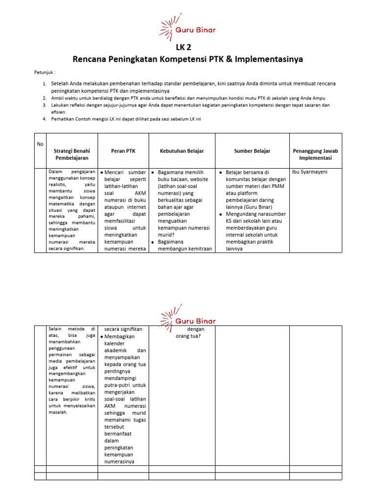 LK 2 Rencana Peningkatan Kompetensi PTK | PDF