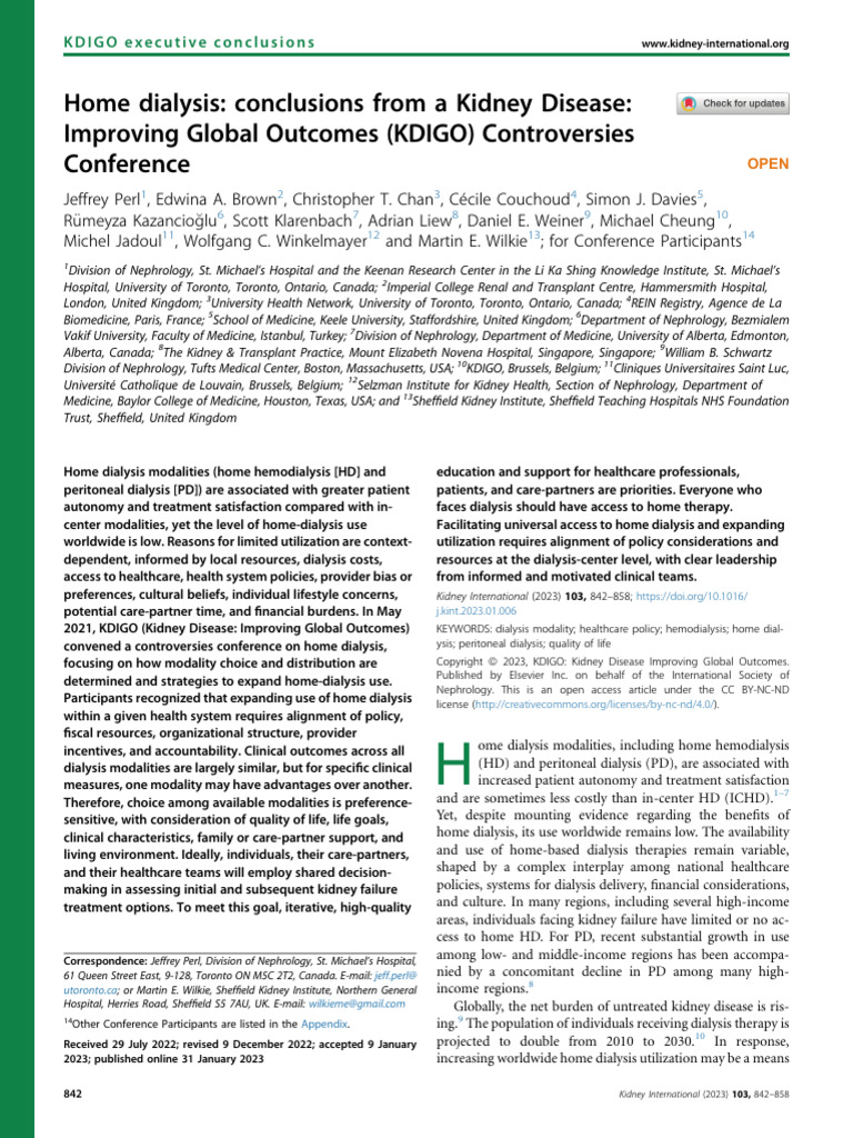 Home Dialysis Conclusions From A KDIGO Controversies Conference | PDF ...