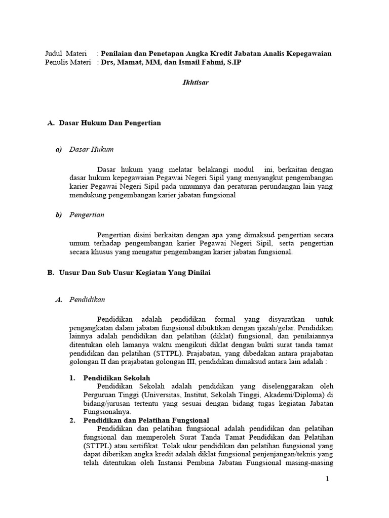 IKHTISAR MATERI Penilaian Dan Penetapan Angka Kredit Jabatan Analis Kepegawaian | PDF | Karier ...