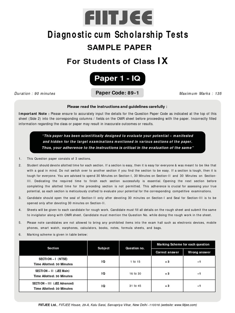 Diagnostic Scholarship Test Sample Paper | PDF