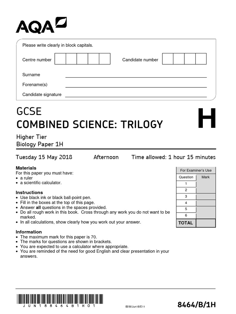 Aqa Gcse Combined Science Trilogy Biology Higher Paper 1 2018 Pdf Measles Cell Biology