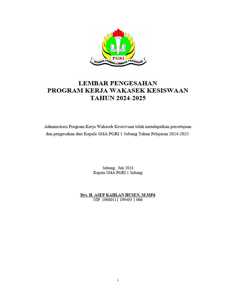 Lembar Pengesahan Program Wakasek 2024 | PDF