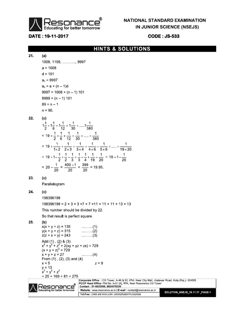 NSEJS Answer Key 2017-18 AK | PDF