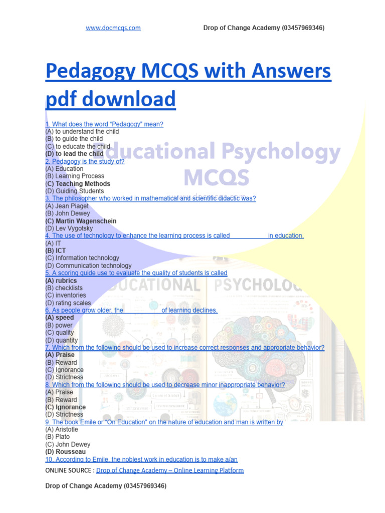 Pedagogy MCQS With Answers PDF Download | PDF | Educational Assessment ...