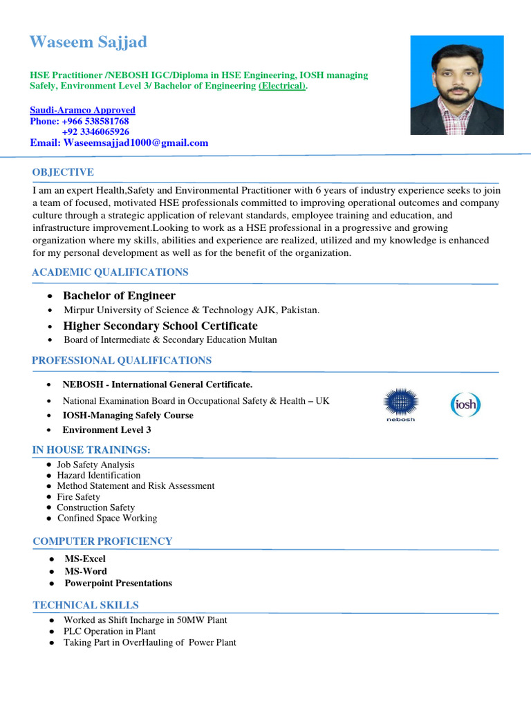 Waseem CV | PDF | Occupational Safety And Health | Safety