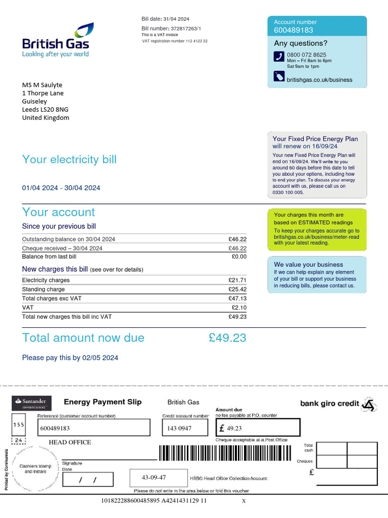 British Gas Bill 30-04-2024 MS | PDF | Cheque | Value Added Tax