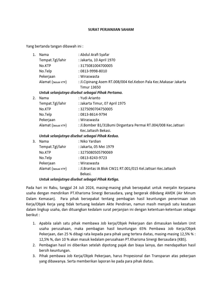 Perjanjian Pembagian Hasil | PDF