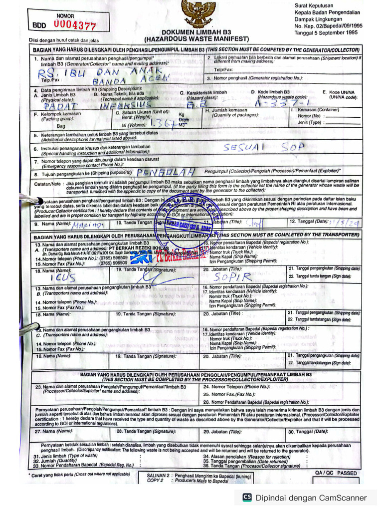Manifest Pengangkutan Limbah Medis b3 Jan-Apr 2024 | PDF