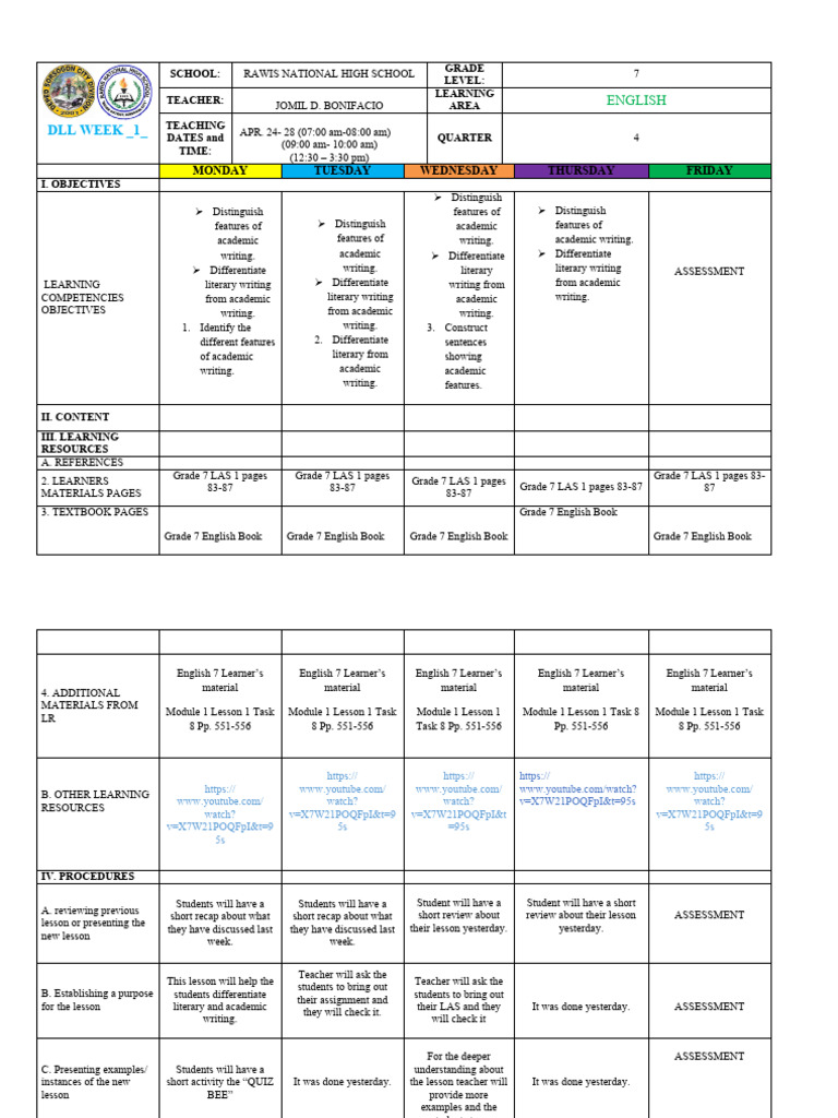 DLL Week 1 Q4 | PDF | Learning | Teachers