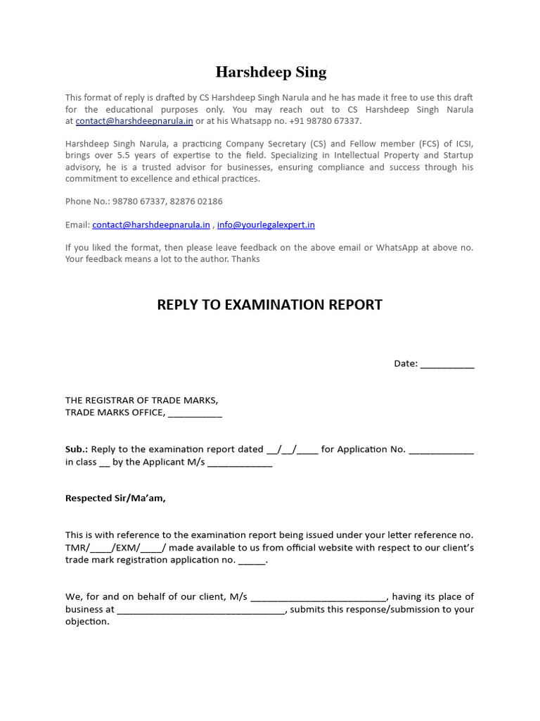 Trademark Examination Reply Template | PDF | Trademark Distinctiveness | Trademark