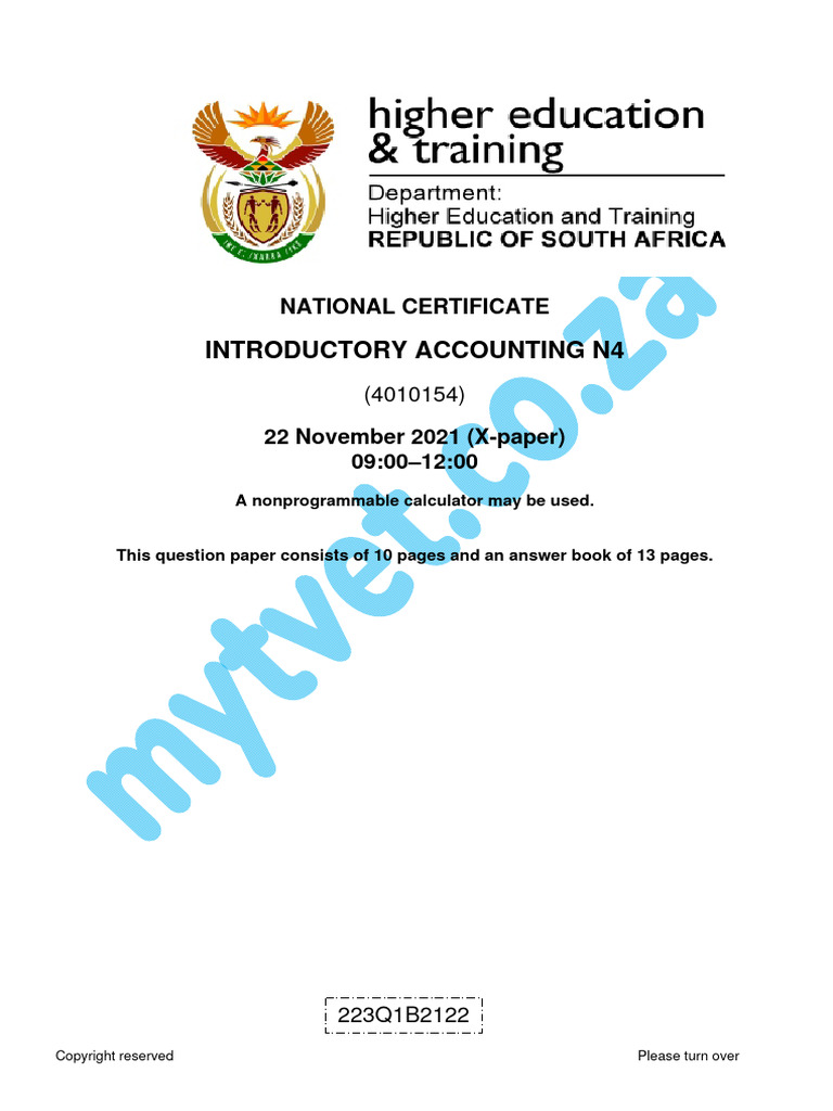 Introductory Accounting N4 Exam Paper | PDF | Debits And Credits ...