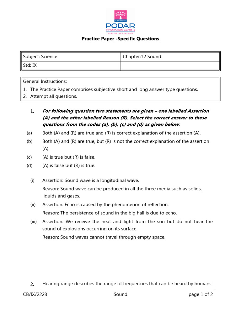 CB - IX - Sci - CH 12 - Sound - Specific Qs | PDF | Sound | Hearing