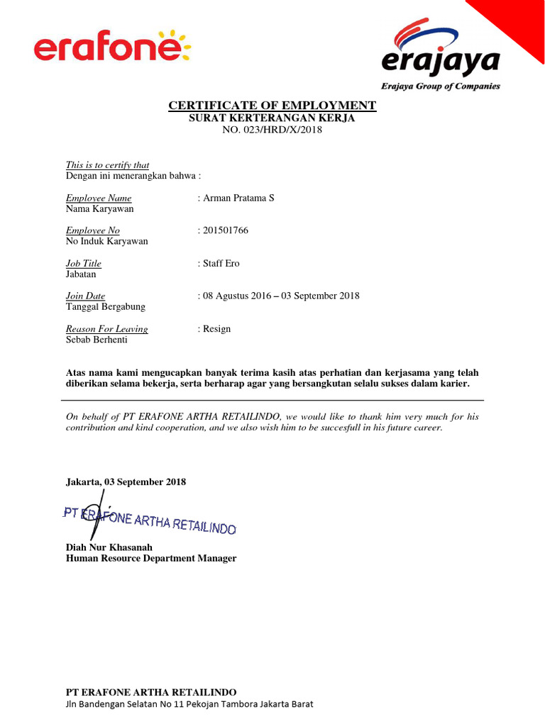 Paklaring - PT Erafone Arhta Retailindo - Arman 1 | PDF