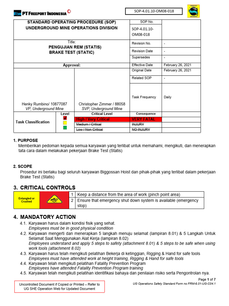 SOP-4.01.10-OM08-018 PENGUJIAN REM (STATIS) Reviewed | PDF