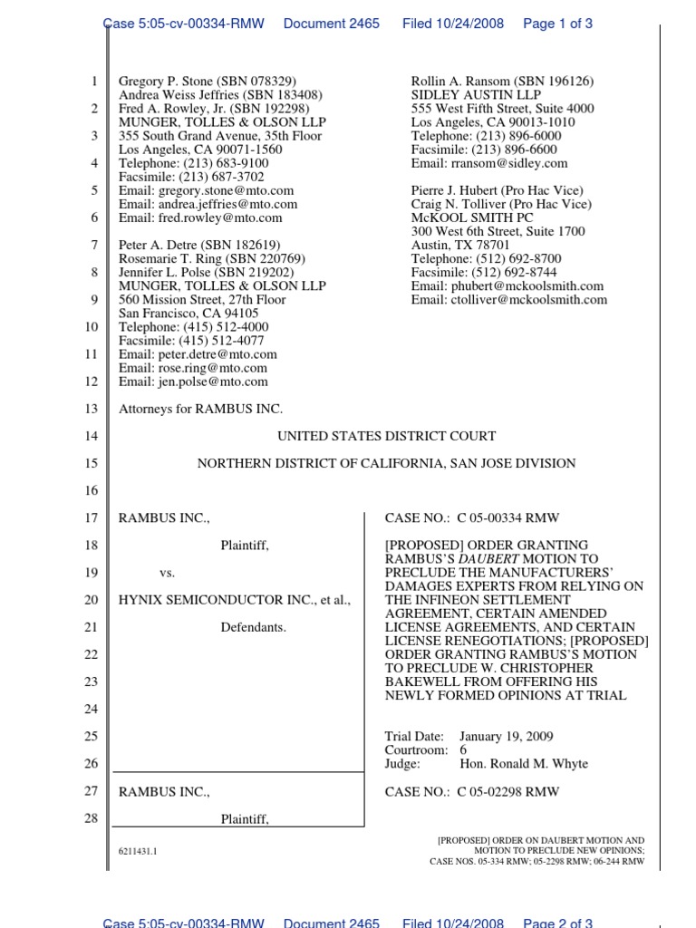 6211431.1 (Proposed) Order On Daubert Motion and Motion To Preclude New ...