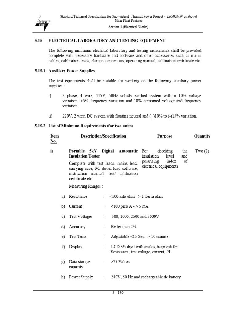 Electrical Testing Equipment Specs | PDF | Mains Electricity | Capacitor
