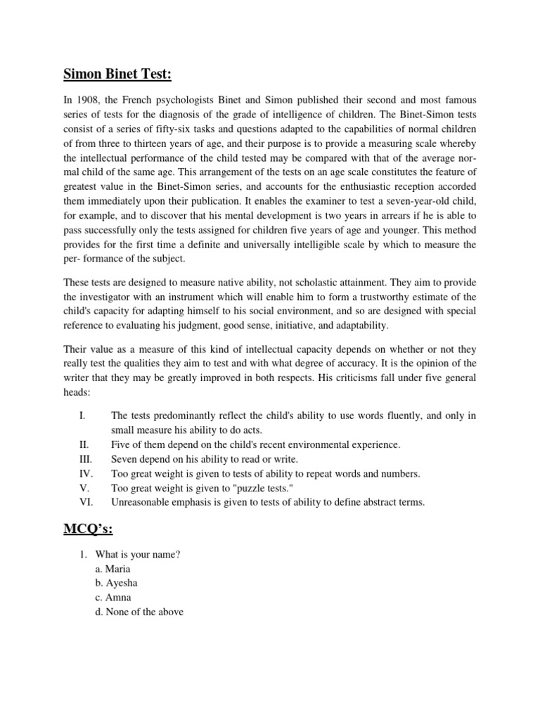 Simon Binet Test | PDF | Psychological Concepts | Neuroscience