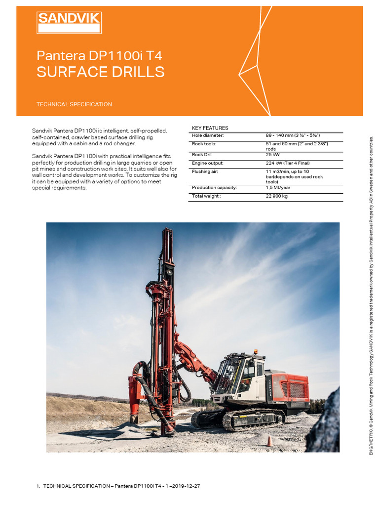 Sandvik Pantera DP1100i T4 Specs | PDF | Drilling | Drill