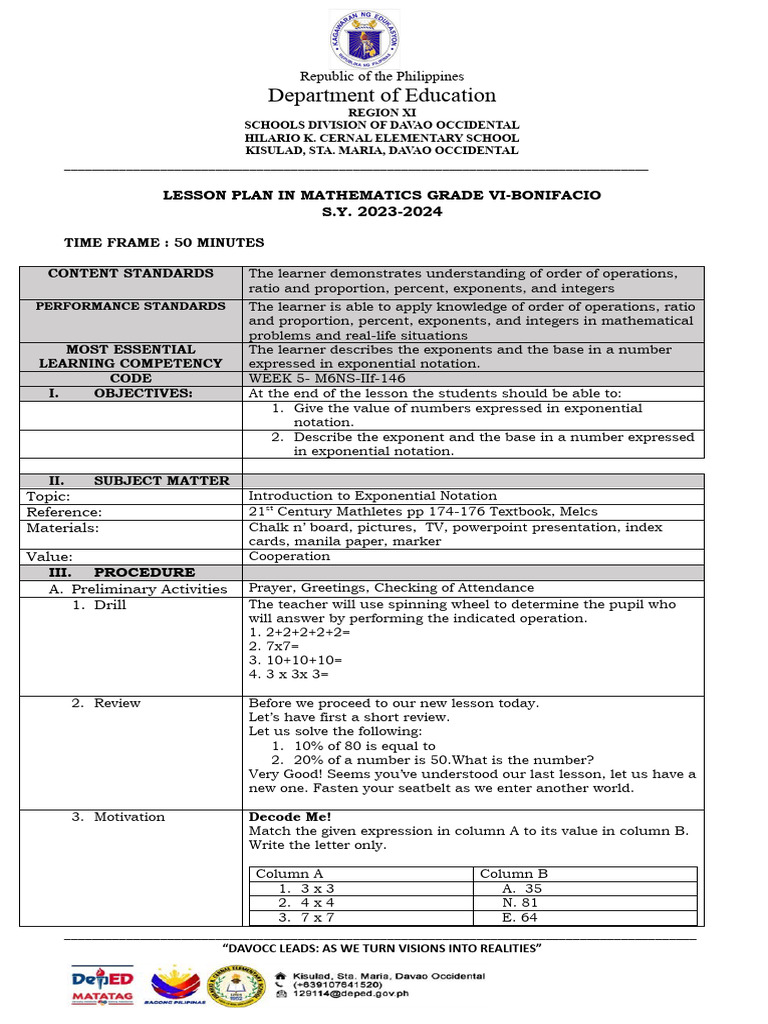 Lesson Plan in Mathematics Grade Vi 2023 | PDF | Exponentiation | Learning