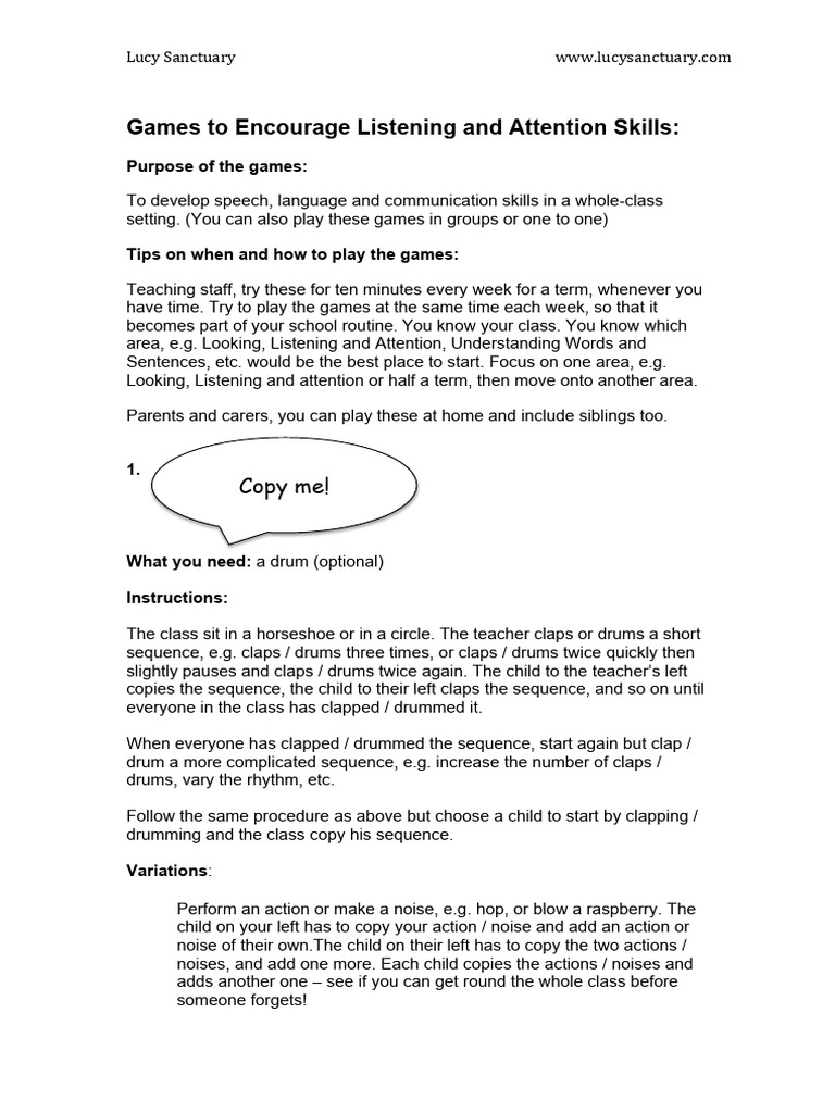 Games To Encourage Listening and Attention Skills PDF | PDF | Foreign ...