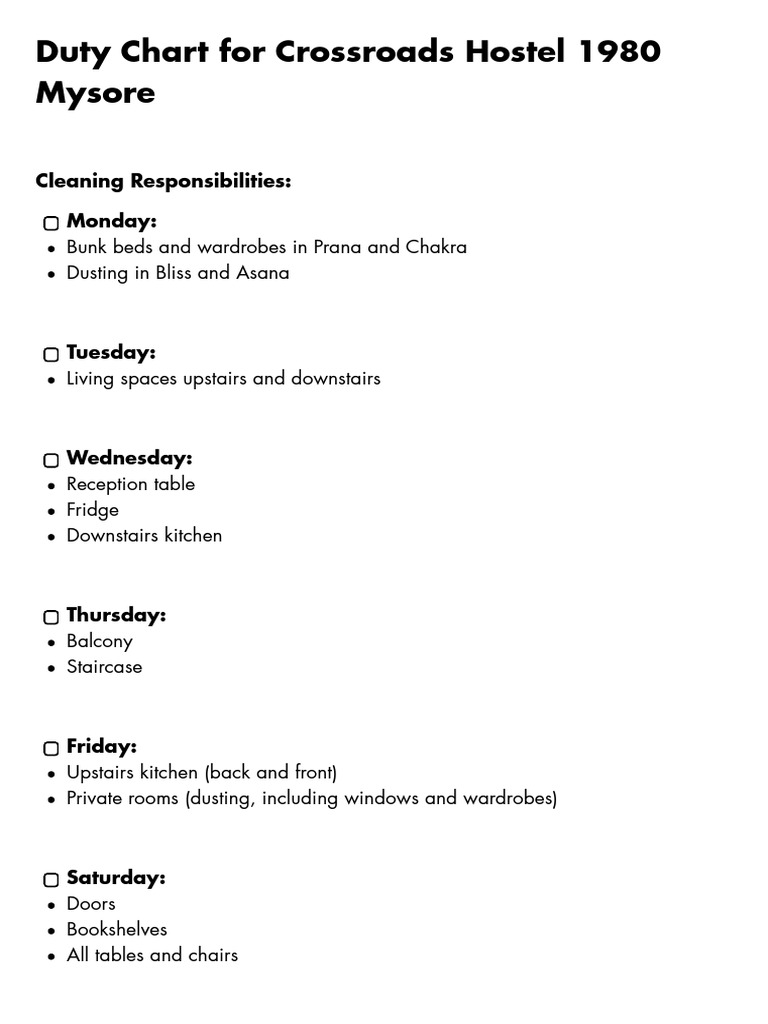 Duty Chart For Crossroads Hostel - Week of (Date) PDF | PDF