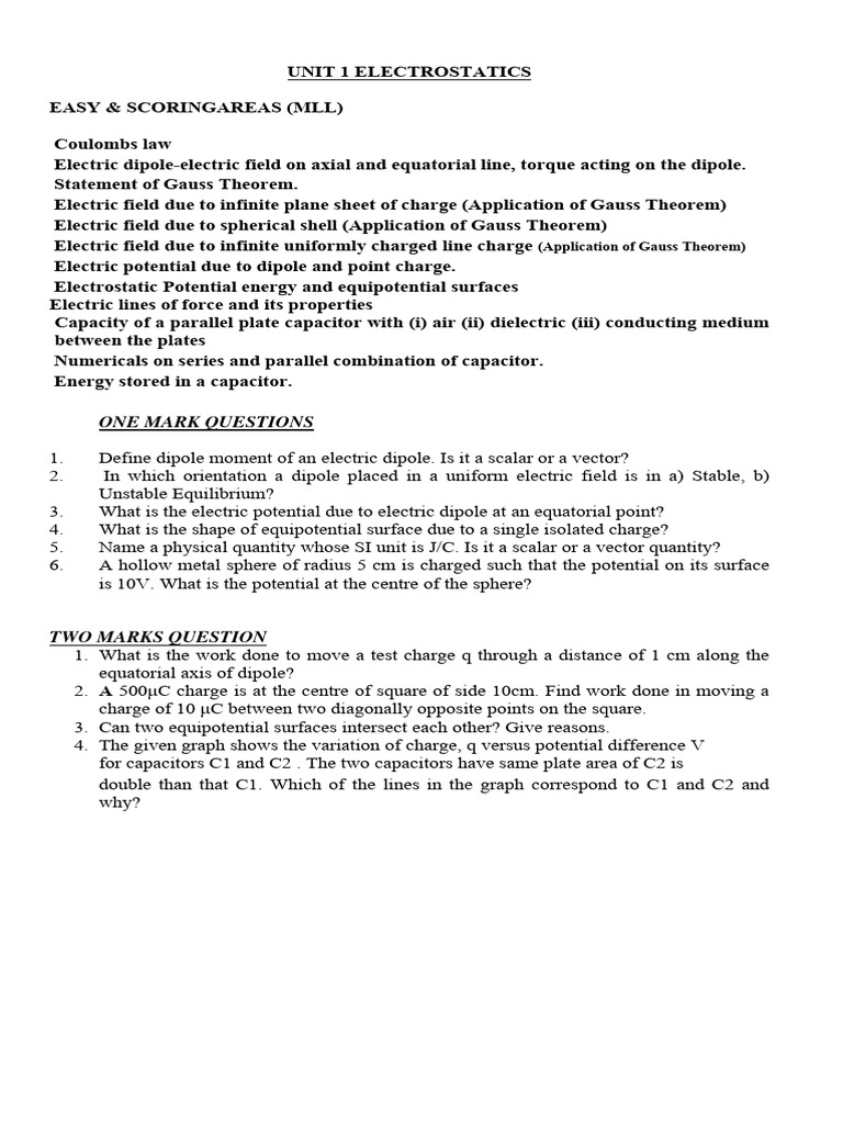 CBSE Class 12 Physics Important Questions-Electrostatics | PDF ...