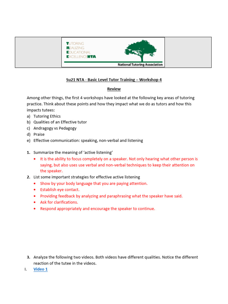 NTA Basic Level Tutor Training WS4 - Su21 - v4 | PDF | Mindset | Communication