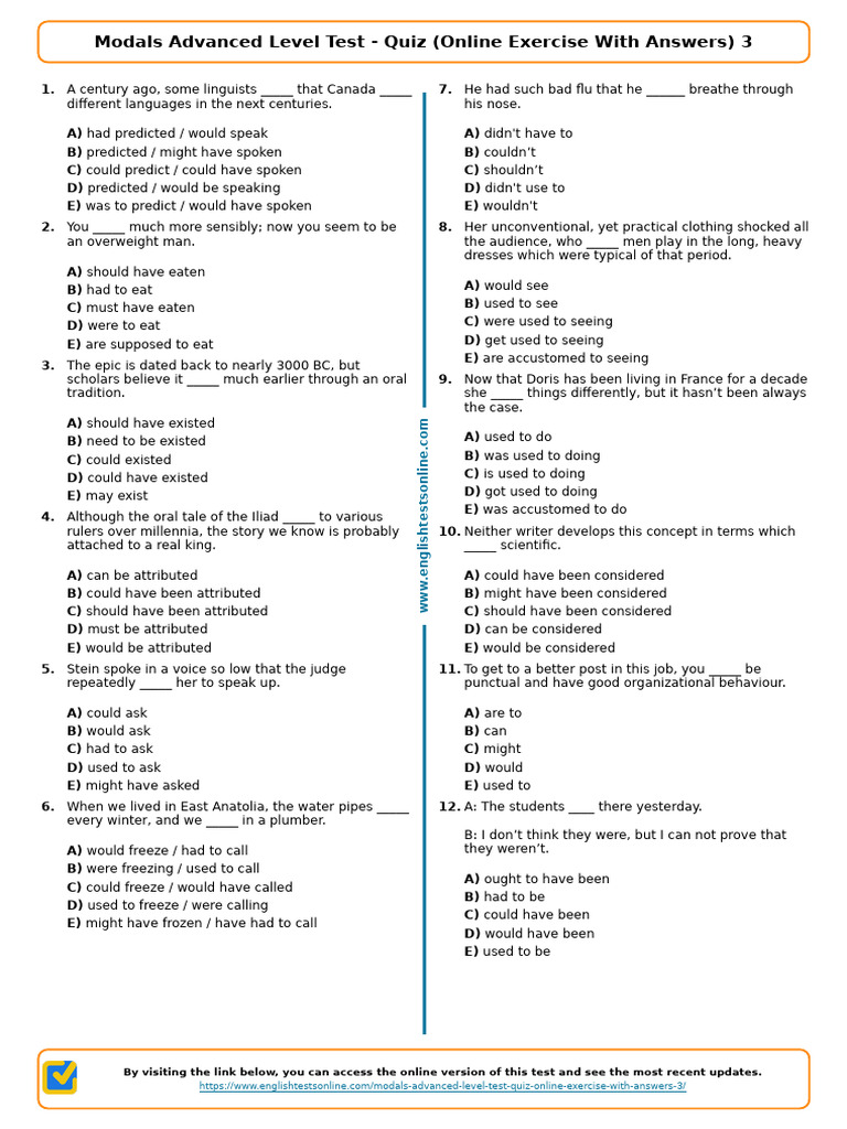 329 - Modals Advanced Level Test Quiz Online Exercise With Answers 3 | PDF