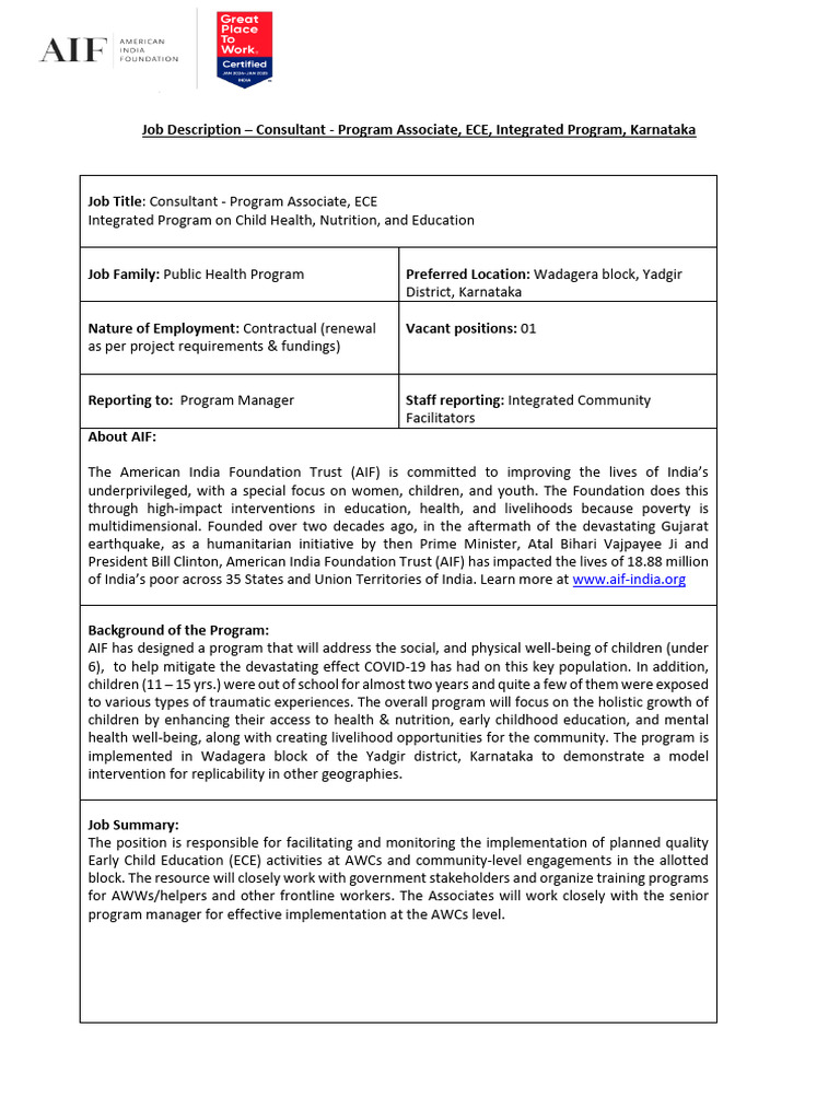 JD Consultant-Program-Associate ECE Public-Health | PDF | Early ...