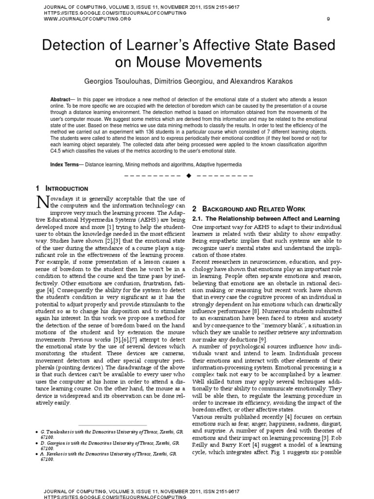 Detection of Learner's Affective State Based On Mouse Movements | PDF ...