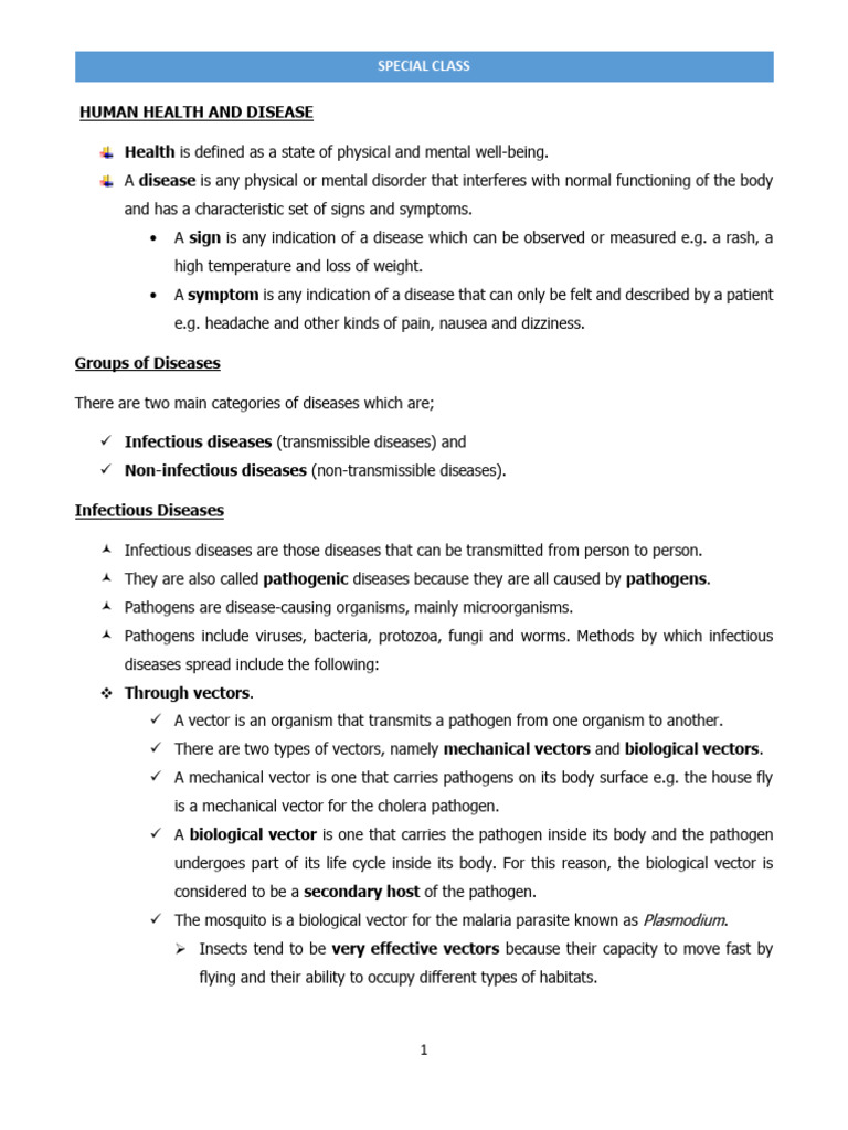 Human Health and Diseases - Lesson notes | PDF | Pathogen | Infection