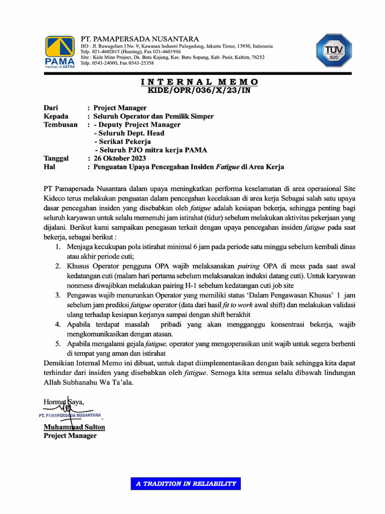 IM Penegasan Upaya Pencegahan Insiden Fatigue Di Area Kerja | PDF