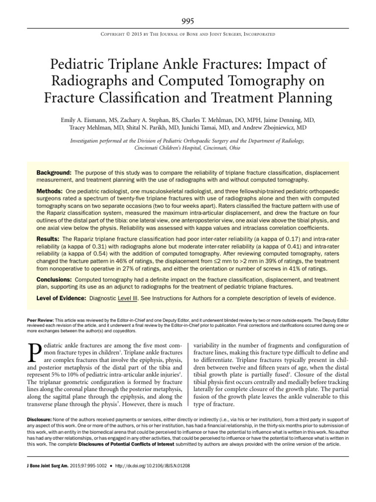 Jbjs 2015 Pediatric Triplane Ankle FX Impact of Radiographs and CT ...