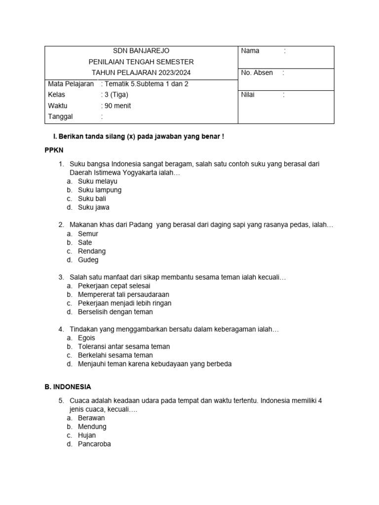 Soal PTS KELAS 3 Hari Ke 1 (Tema 5 Sub 1 2) Kelas 3 SMT 2 | PDF