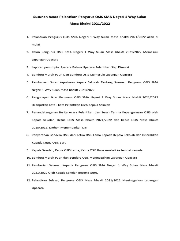 Susunan Acara Pelantikan Pengurus OSIS SMA Negeri 1 Way Sulan 2122 | PDF