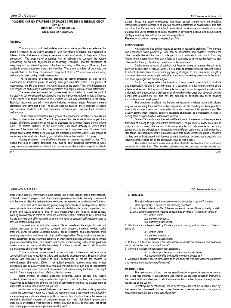 Academic Coping Strategies of Grade 7 Students in The Division of Lipa City - Dr. Ernesto P ...