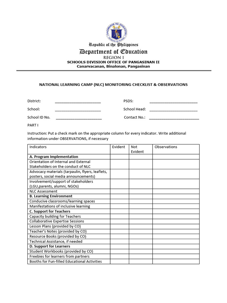 NLC 2024 - Monitoring Tool | PDF | Teachers | Learning