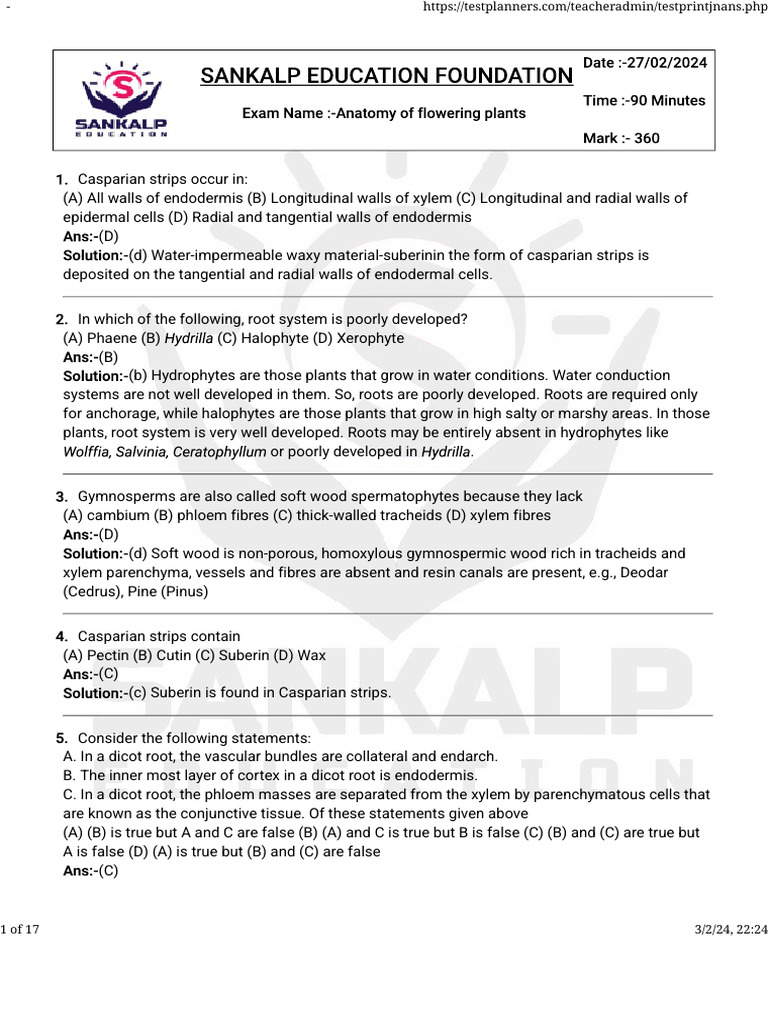Bio DPP 90 MCQ | PDF | Plant Stem | Tissue (Biology)