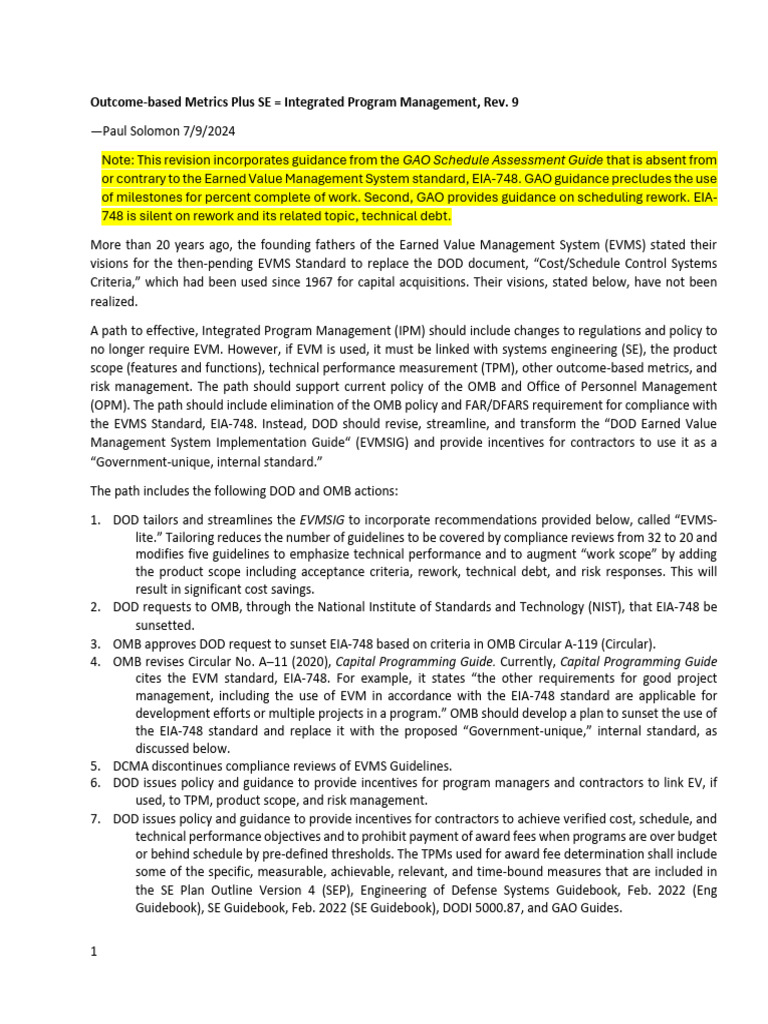 Outcome-Based Metrics Plus SE Integrated Program Management, Rev. 9 ...