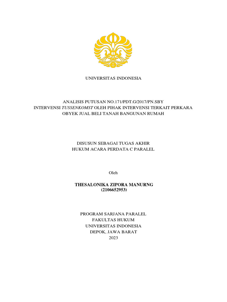 Analisis Putusan No.171/pdt.g/2017/pn - Sby Intervensi Tussenkomst Oleh ...