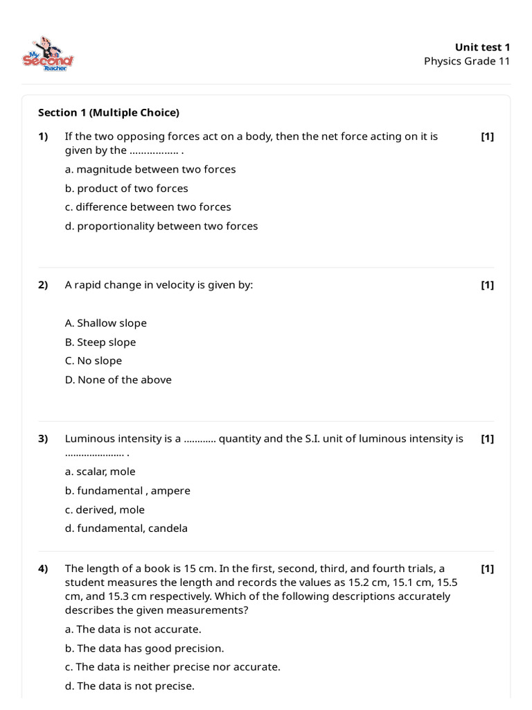 Unit Test 1 Question Paper | PDF | Euclidean Vector | Velocity